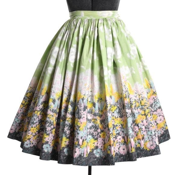 Skirts | Vintage 196s Xxs Xs Green Pink Clouds Flowers Border Print ...